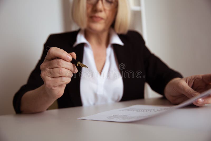 Female Office Worker Writing on Paper Documents by Pen. Stock Photo ...
