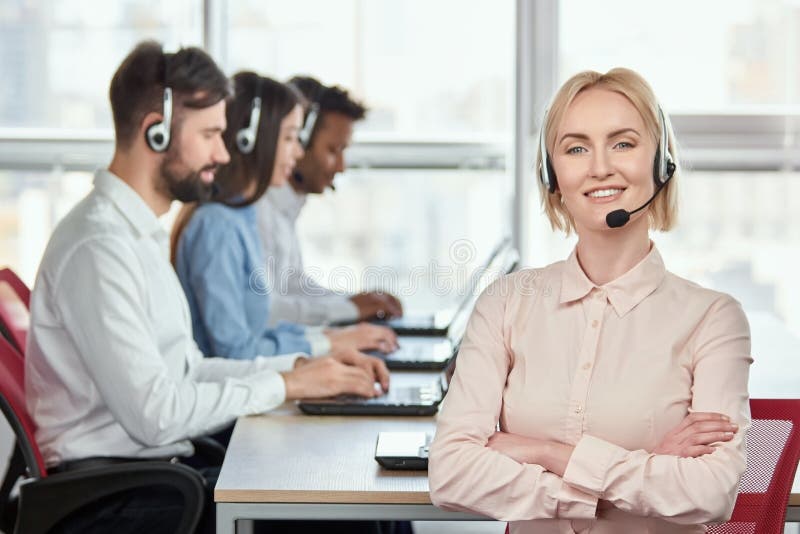 Female Operator in Headset with Folded Hands. Stock Image - Image of ...