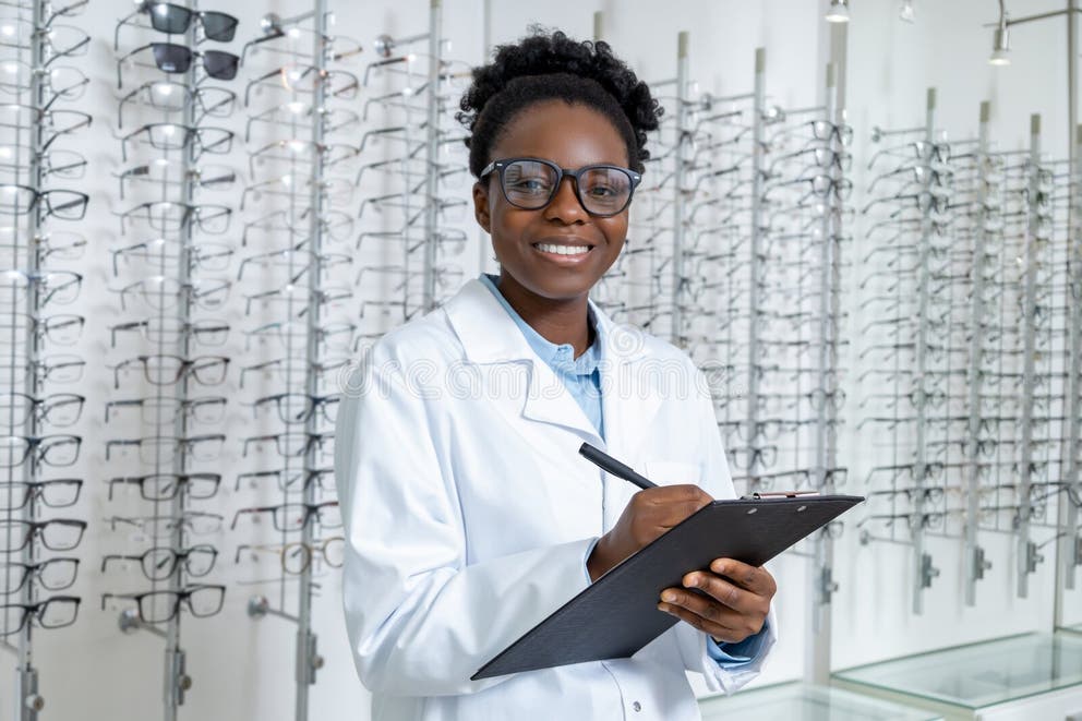 Female Optician in Lab Coat Making Notes and Smiling Stock Image ...