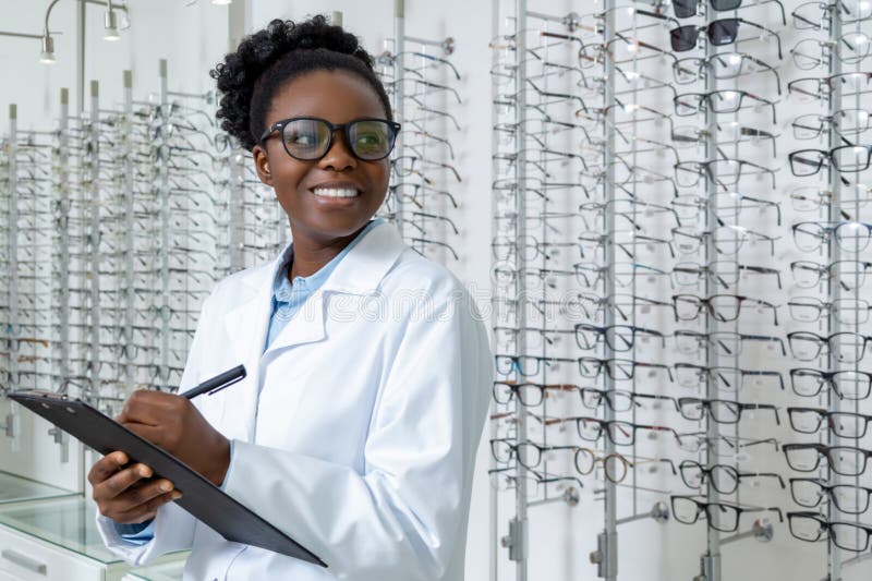 Female Optician in Lab Coat Making Notes and Smiling Stock Photo ...