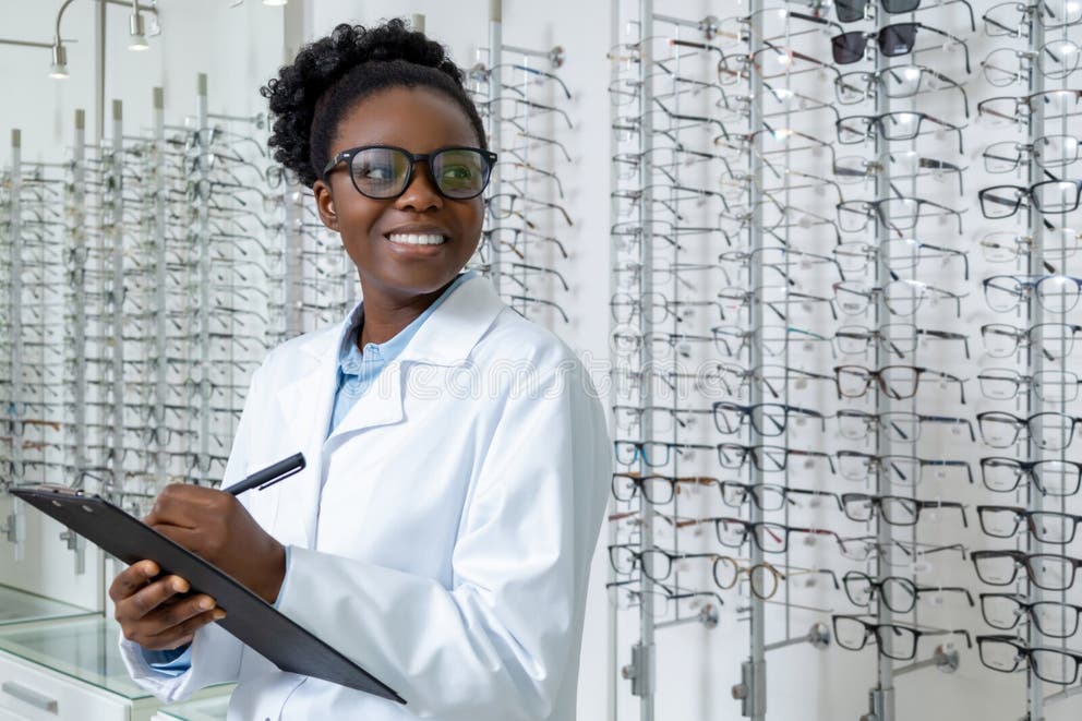 Female Optician in Lab Coat Making Notes and Smiling Stock Photo ...
