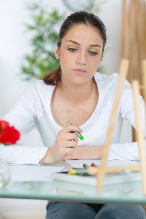 Female Painter Drawing in Art Studio Stock Image - Image of sketch ...