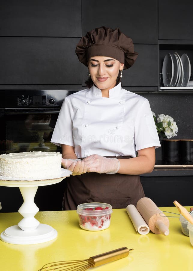 Chef in Cook Hat Working on Kitchen. Stock Image - Image of cafe, baker ...