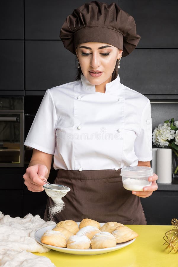Chef in Cook Hat Working on Kitchen. Stock Image - Image of plate ...