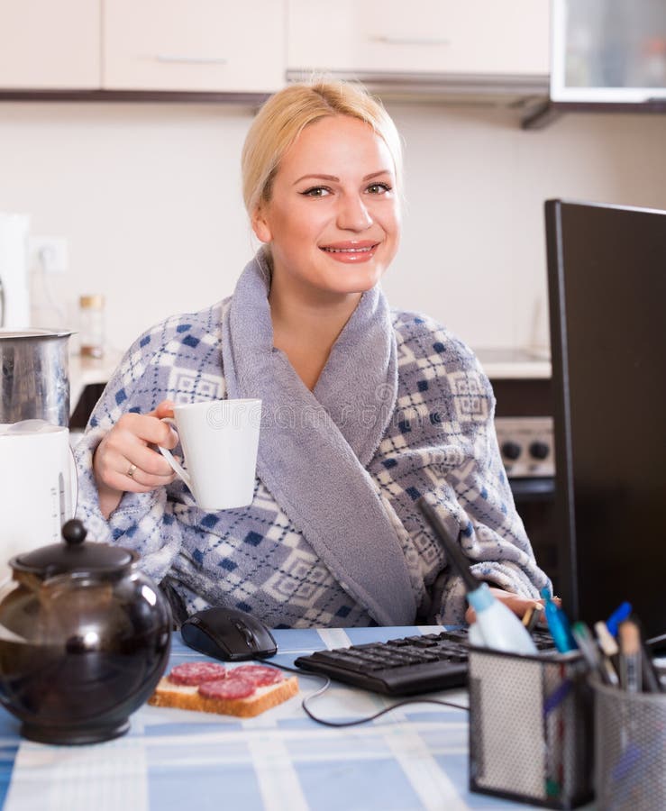 Female with PC, Tea and Sandwich Stock Image - Image of blonde, girl ...