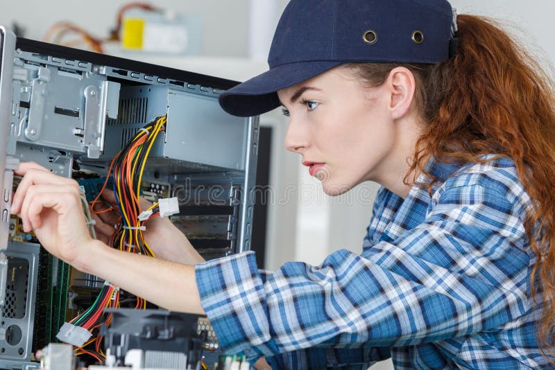 Female Pc Technician Checking Pc Cables Stock Image - Image of adult ...