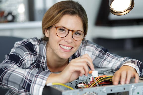 Female Pc Technician Posing by Computer Stock Photo - Image of ...