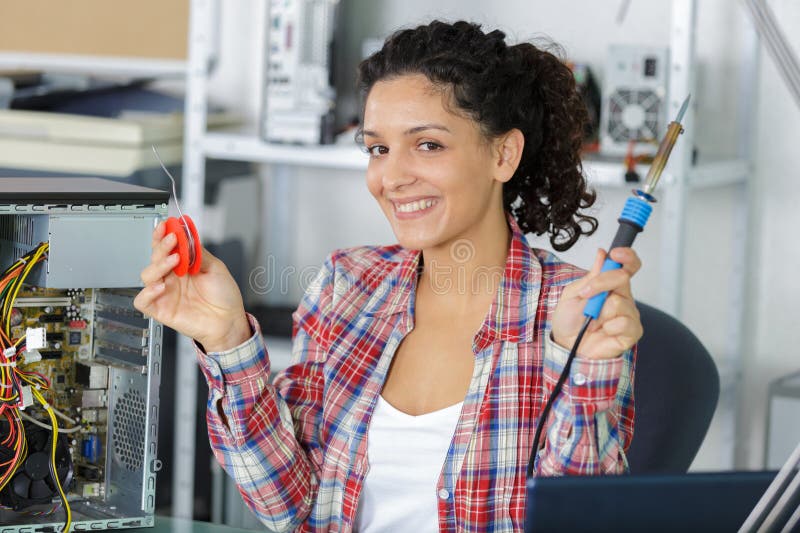 Female Pc Technician Soldering Chip from Desktop Computer Stock Image ...