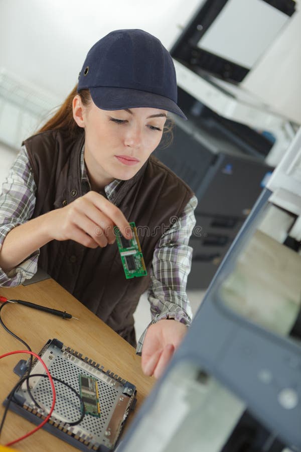 Female Pc Technician Working Stock Photo - Image of posing, support ...