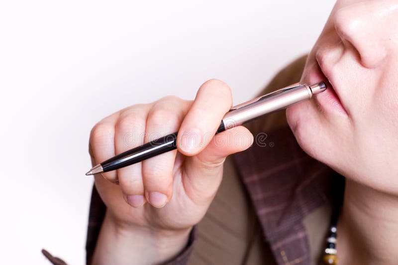 Female with pen stock photo. Image of white, brown, woman - 7990818