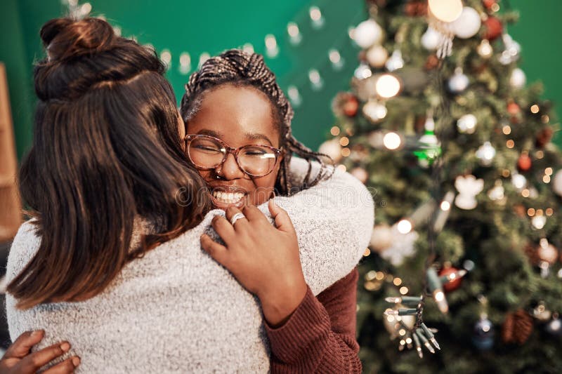 Female People Hug And Christmas Tree For Festive Holiday And