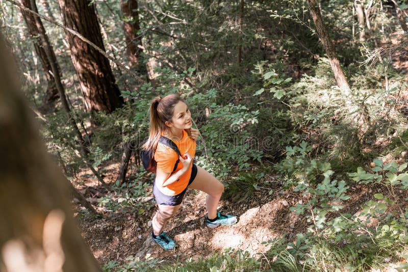 Female Walking a Hiking Path Over the Forest Stock Image - Image of ...