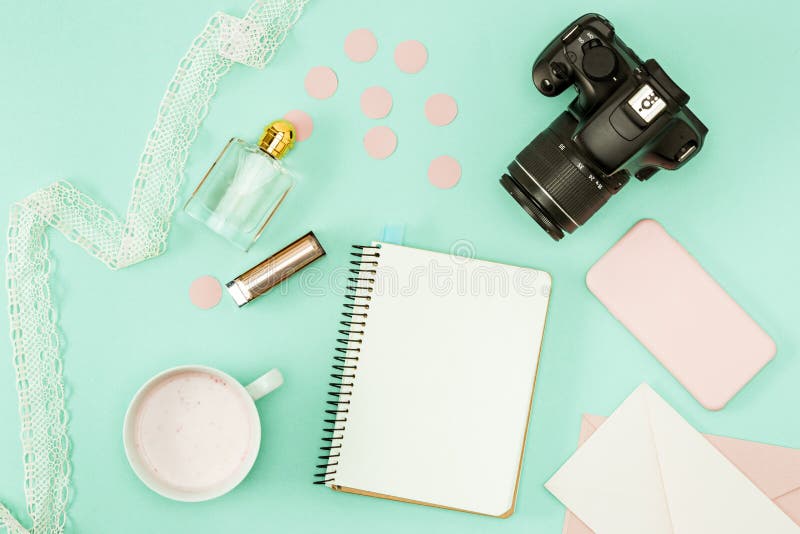 The Female Personal Items on Desktop Stock Image - Image of mobile ...