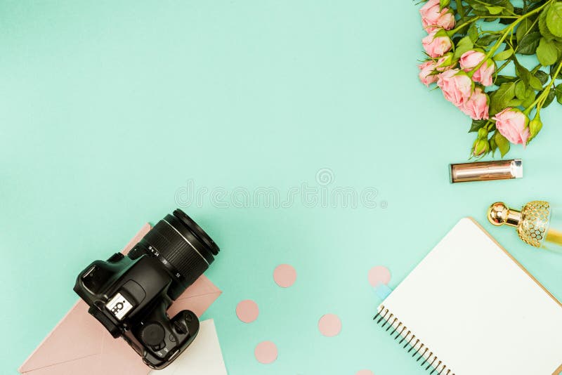 The Female Personal Items On Desktop Stock Photo - Image of copy ...