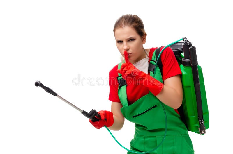 Female Pest Control Contractor Isolated on White Stock Photo - Image of ...