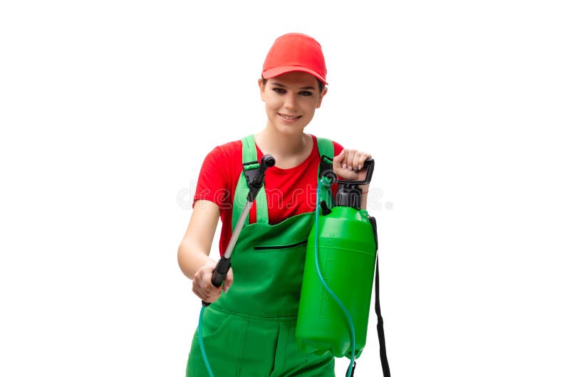 Female Pest Control Contractor Isolated on White Stock Photo - Image of ...
