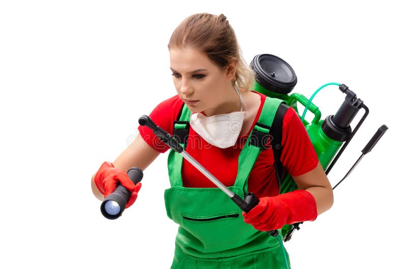 Female Pest Control Contractor Isolated on White Stock Image - Image of ...