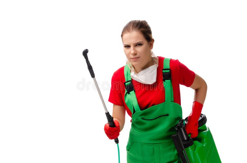 Female Pest Control Contractor Isolated on White Stock Photo - Image of ...