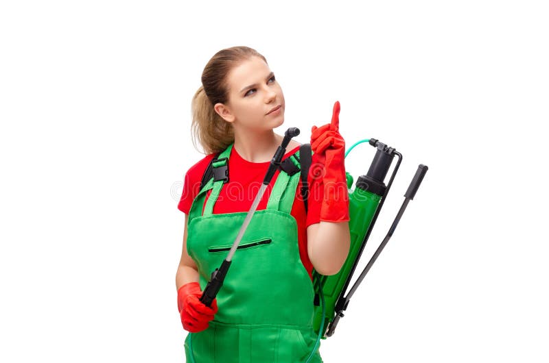 Female Pest Control Contractor Isolated on White Stock Photo - Image of ...