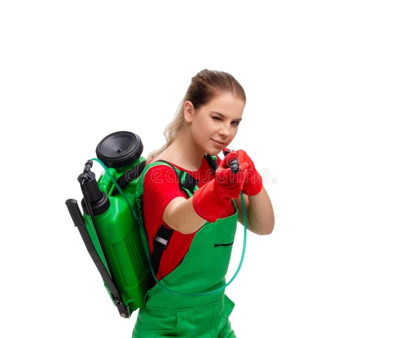 Female Pest Control Contractor Isolated on White Stock Photo - Image of ...