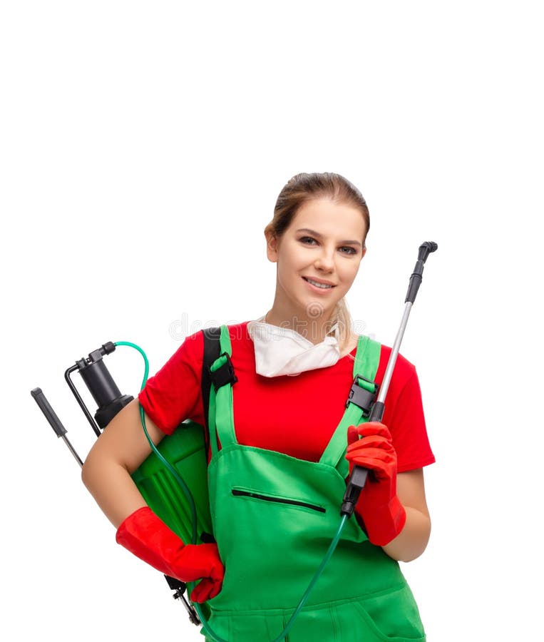 Female Pest Control Contractor Isolated on White Stock Photo - Image of ...