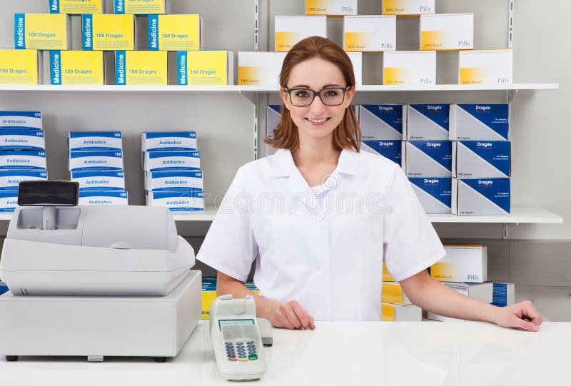Female Pharmacist in Pharmacy Stock Image - Image of device, experience ...