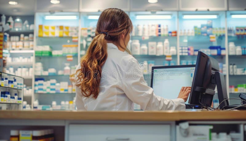 A Female Pharmacist in a Pharmacy Working on a Computer, Helping ...