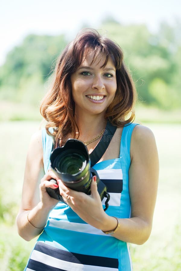 Female Photographer Takes Photo Stock Image - Image of outdoor, person ...