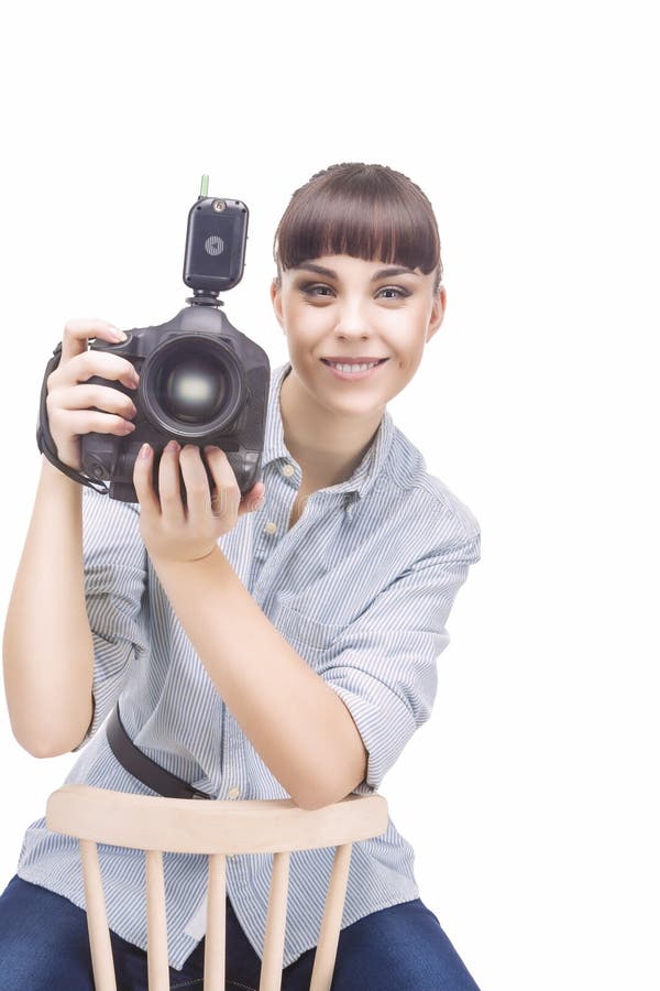 Female Photographer Holding a Camera and Smiling Stock Image - Image of ...