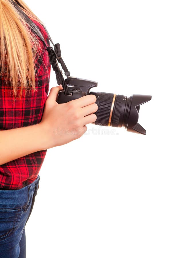 Female Photographer Holding a Professional Camera - Isolated on Stock ...