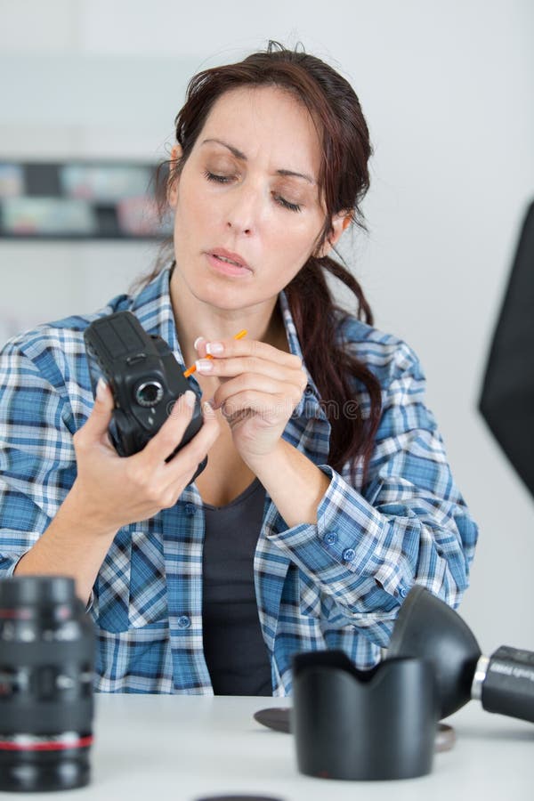 Female Photographer with Professional Equipment Stock Photo - Image of ...