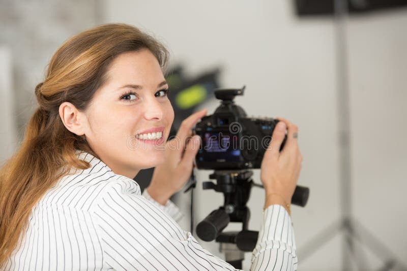 Female Photographer Stood by Camera Stock Image - Image of creative ...