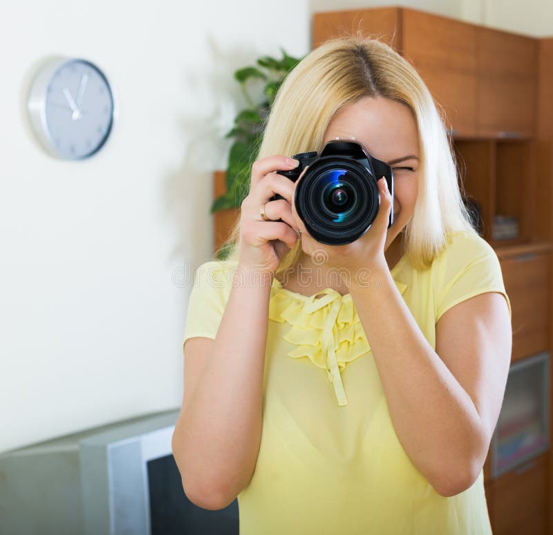 Female Photographer Testing New Camera Stock Photo - Image of indoor ...