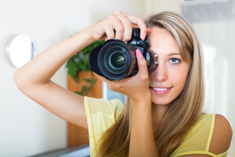 Female Photographer Testing New Camera Stock Photo - Image of freelance ...