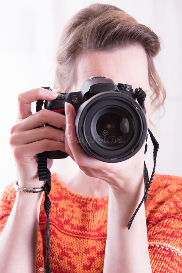 Female Photographer at Work with Camera Stock Image - Image of portrait ...