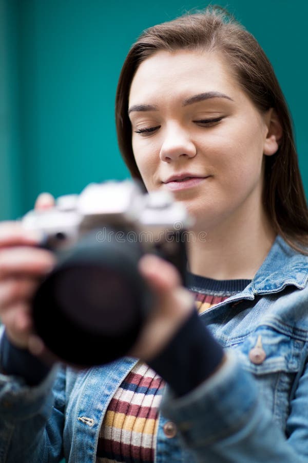 Female Photographer with Camera Working in Street Stock Image - Image ...