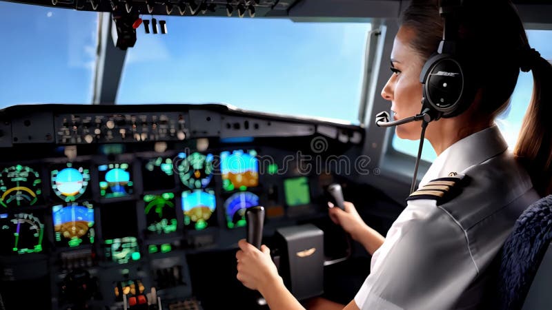 Female Pilot Confidently Navigating Modern Airplane Cockpit, Managing ...