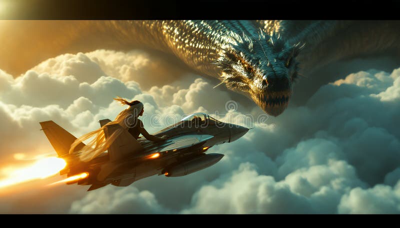 Female Pilot Facing Metallic Dragon in Dramatic Sunset Cloudscape Stock ...