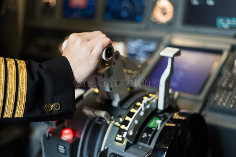 Female Pilot& X27;s Hand on the Plane Engine Control Stick. Stock Photo ...