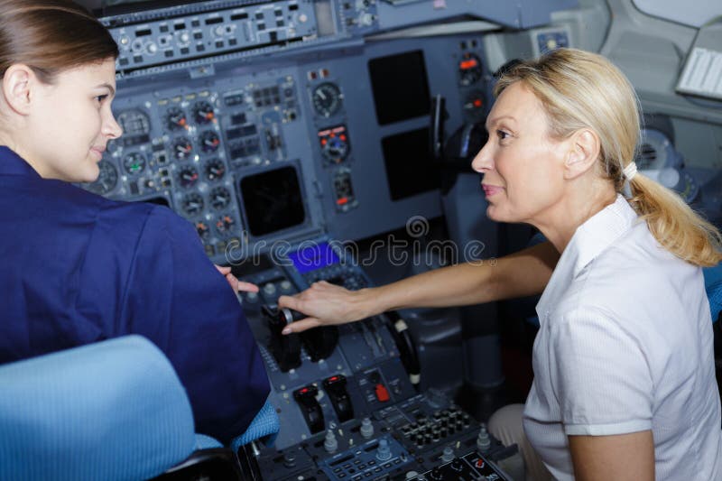 Female Pilot Training in Simulator Cockpit Stock Image - Image of ...