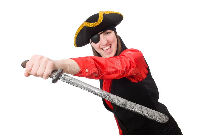The Female Pirate Holding Sword Isolated on White Stock Photo - Image ...