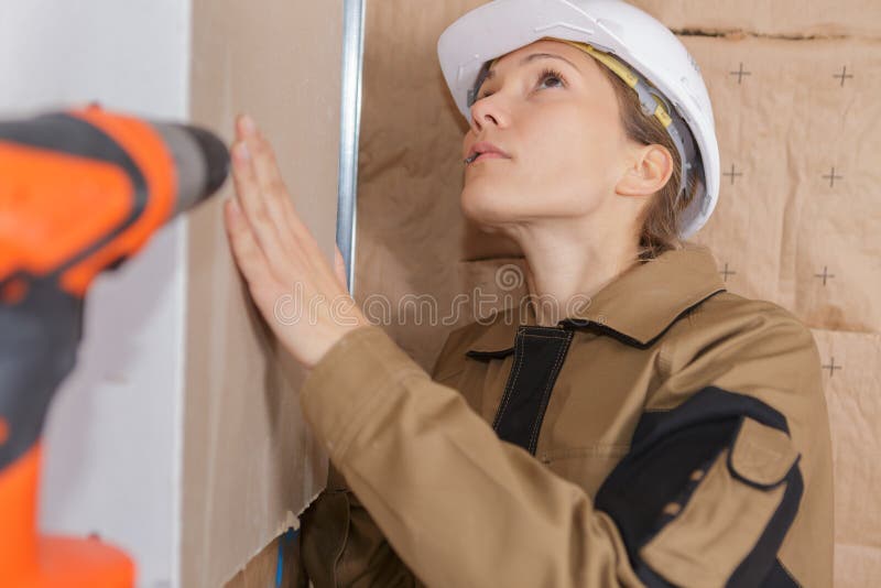 Female Plasterer at Indoor Wall Work Stock Image - Image of ...