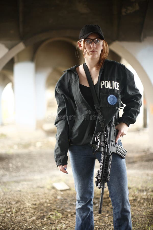 Female Police Officer with Rifle Stock Image - Image of chick, assault ...