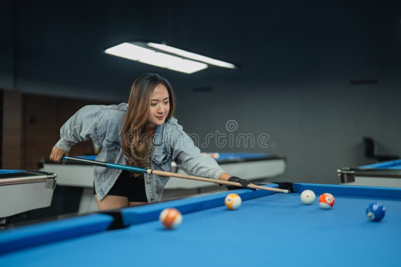 Female Pool Player Wear Black Dress Lying on Billiard Table Stock Photo ...