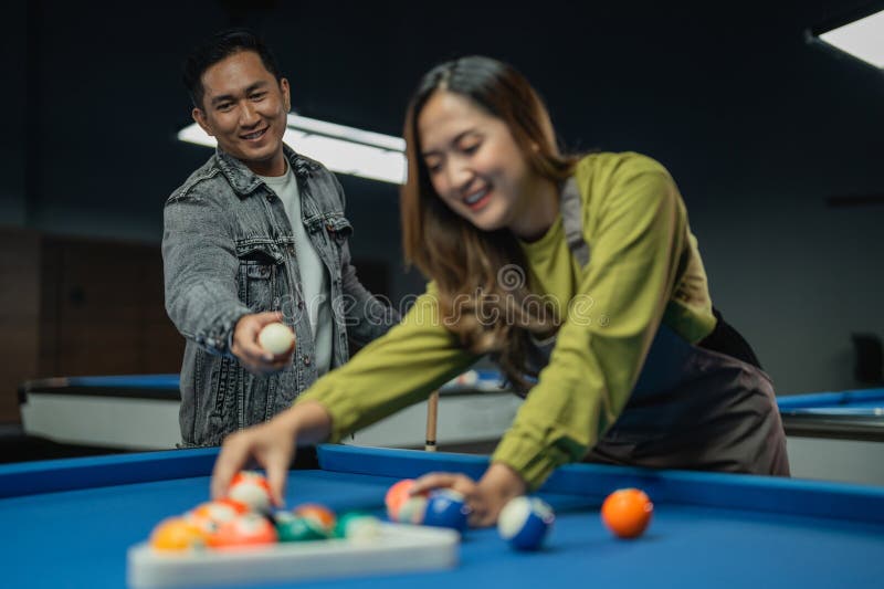Pool Table Worker Helps Player Arranging the Balls with Triangle Rack ...