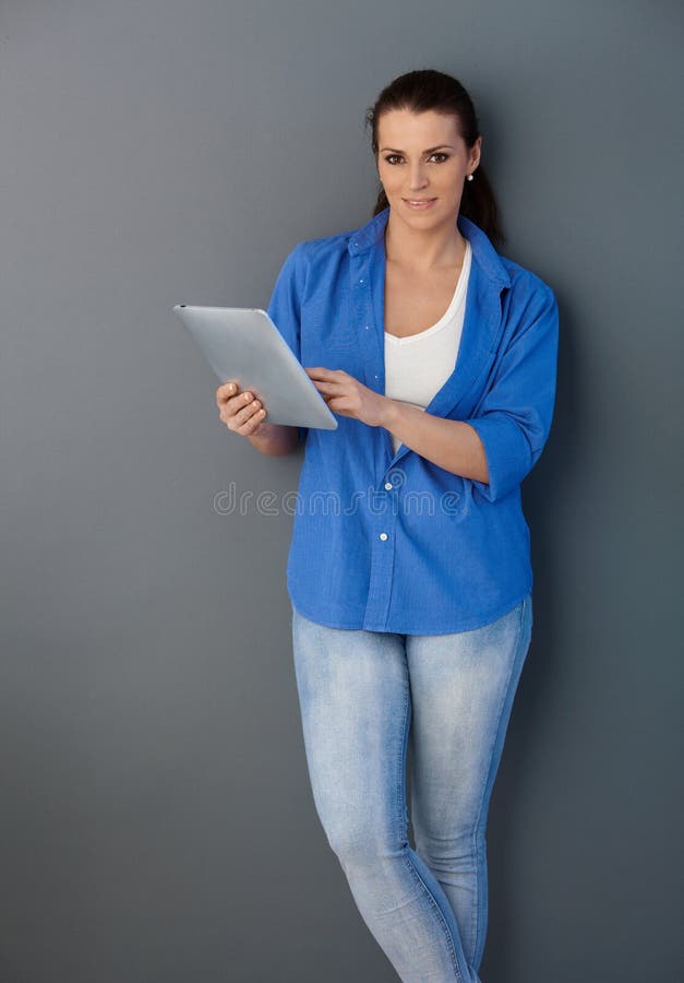 Female Portrait with Touchscreen Computer Stock Image - Image of blue ...