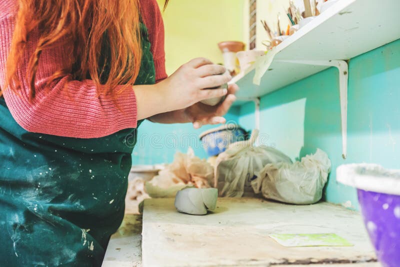 Female Potter at Workshop Modeling Clay Stock Photo - Image of hands ...