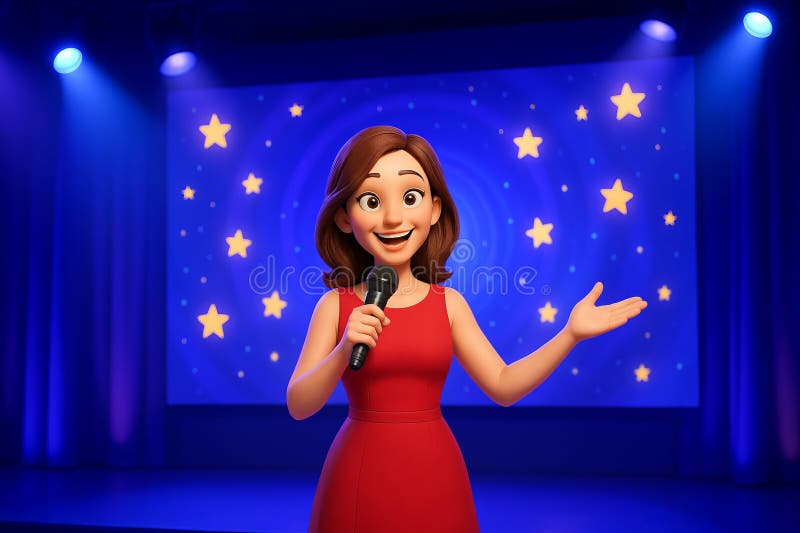 Female Presenter on a Stage Holding a Microphone with a Vibrant Starry ...
