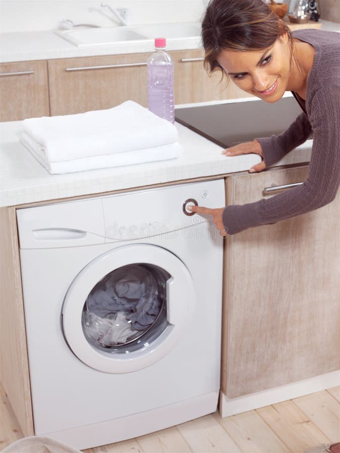 Woman Loading The Washing Machine Stock Image - Image of purity, casual ...