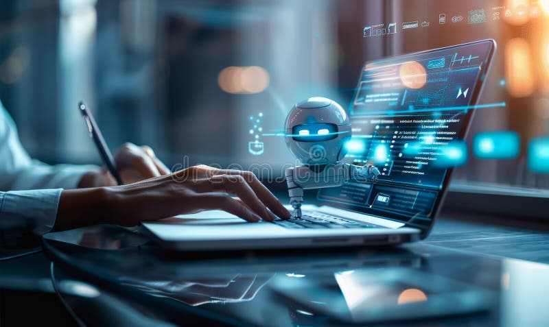 Female Professional in Blue Shirt Using Laptop Communicating with ...